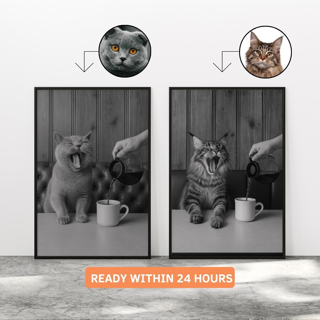 Personalized Funny Cat Yawning in Cafe Art, Black and White Coffee Shop ...