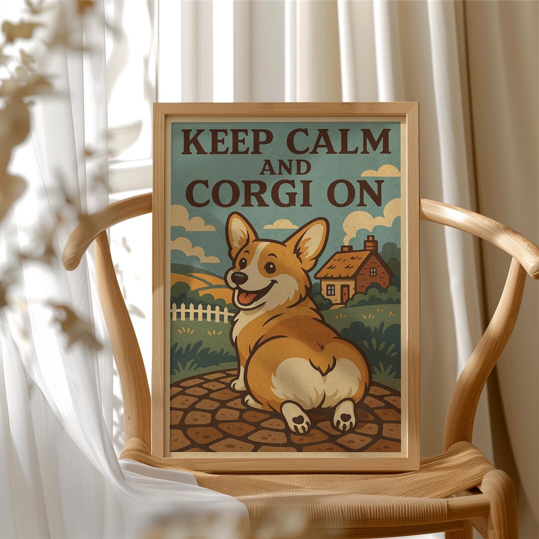 Keep Calm and Corgi on Poster - Funny Retro Corgi Wall Art, Cottagecore ...