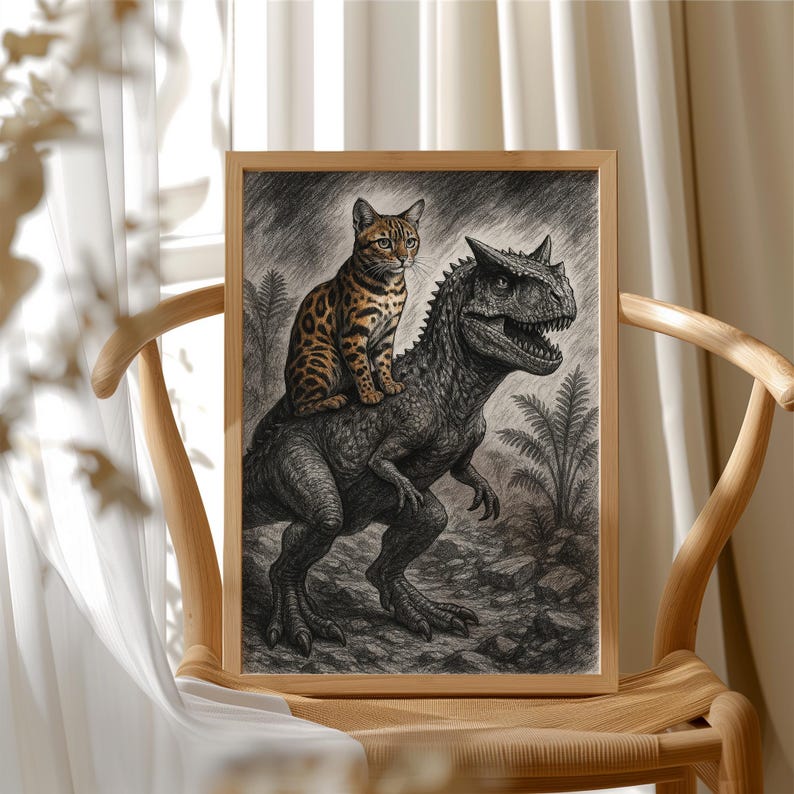 Bengal Cat Riding T-rex Print: Prehistoric Pencil Sketch Art - Etsy