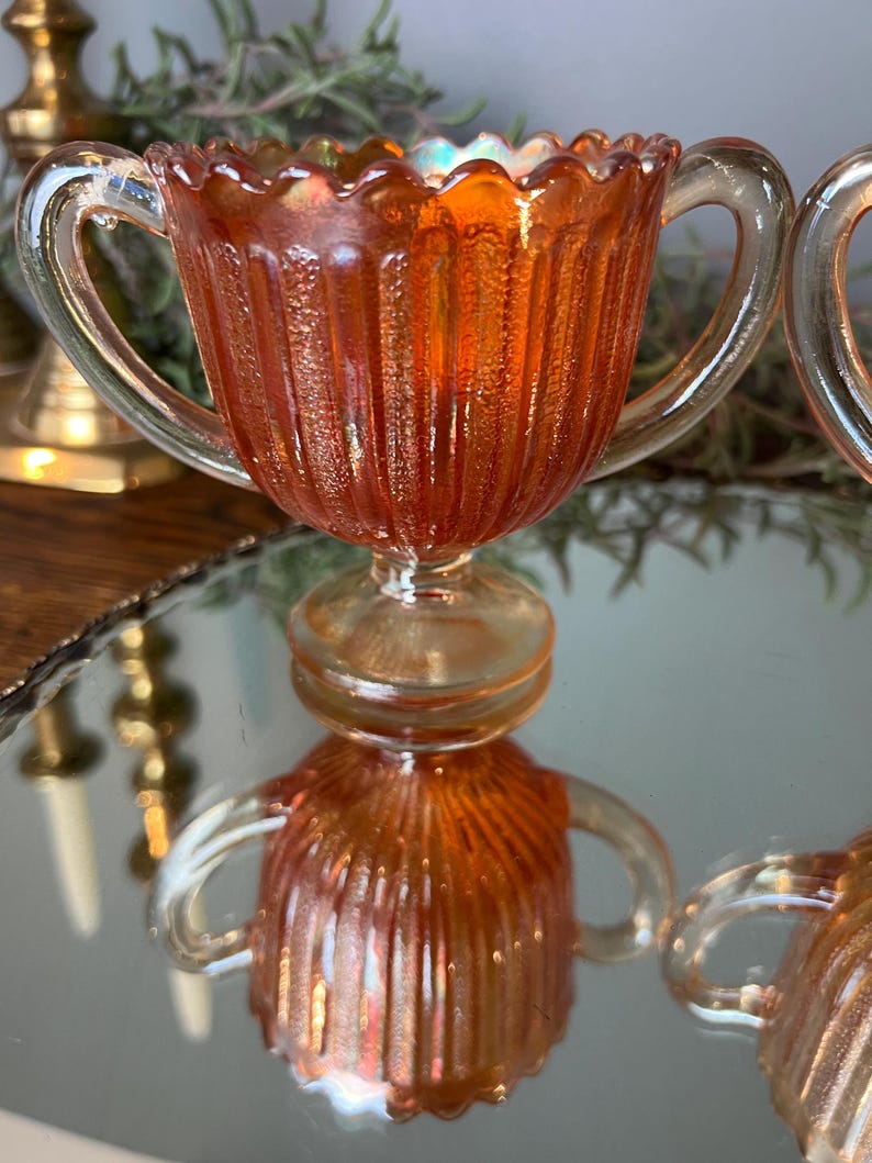 Antique Fenton Stippled Rays Marigold Carnival Glass Sugar Bowls Pair ...