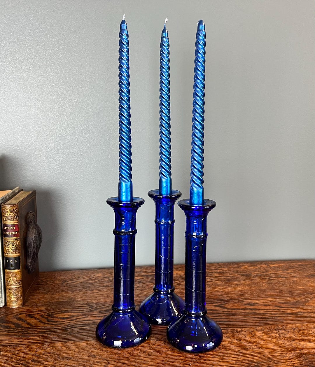 Cobalt Blue Candlestick Holders Set of 3 Recycled Glass Made in Spain 8 ...
