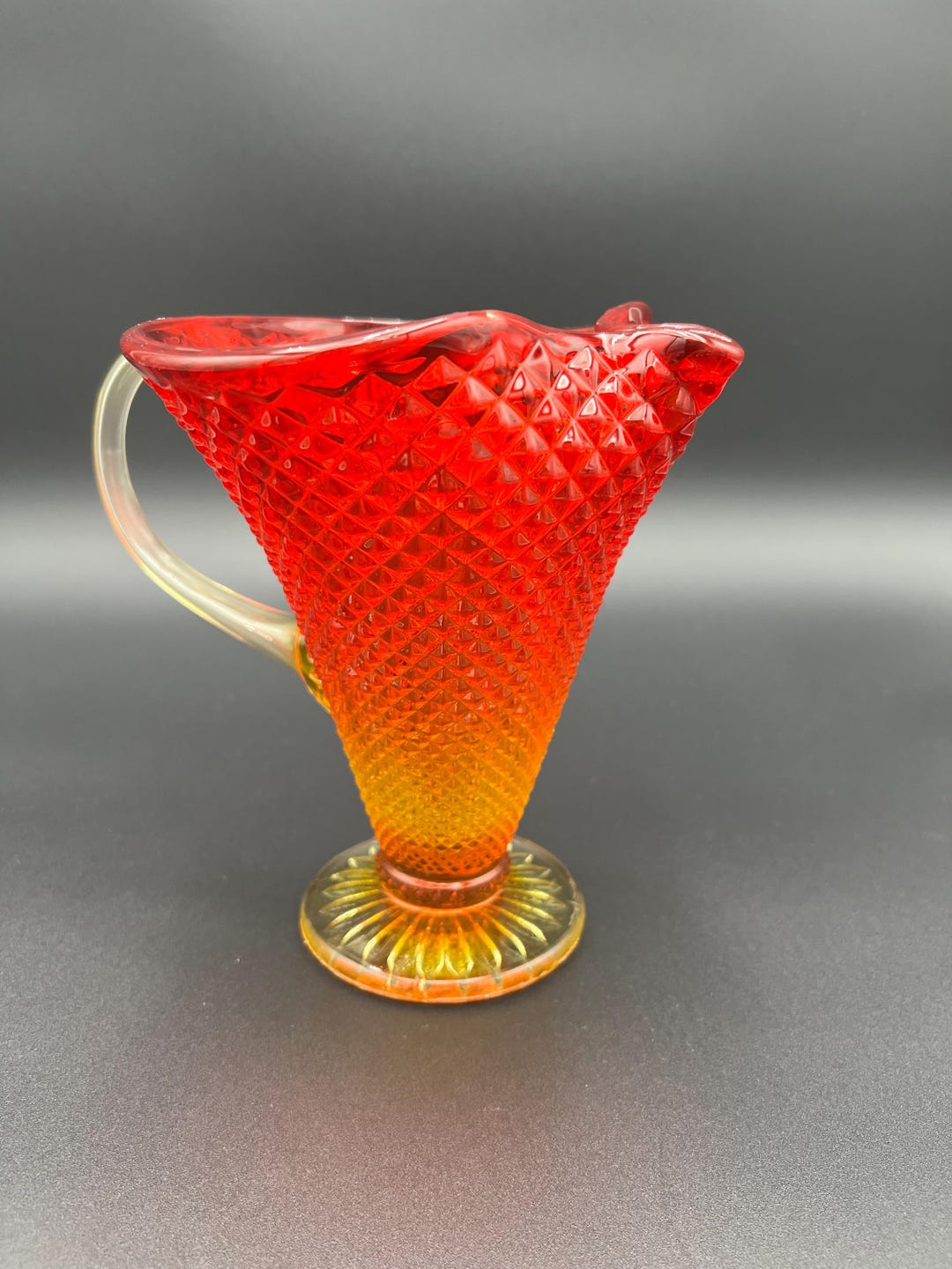 Amberina Glass Footed Pitcher - Pressed Diamond Pattern, Persimmon ...