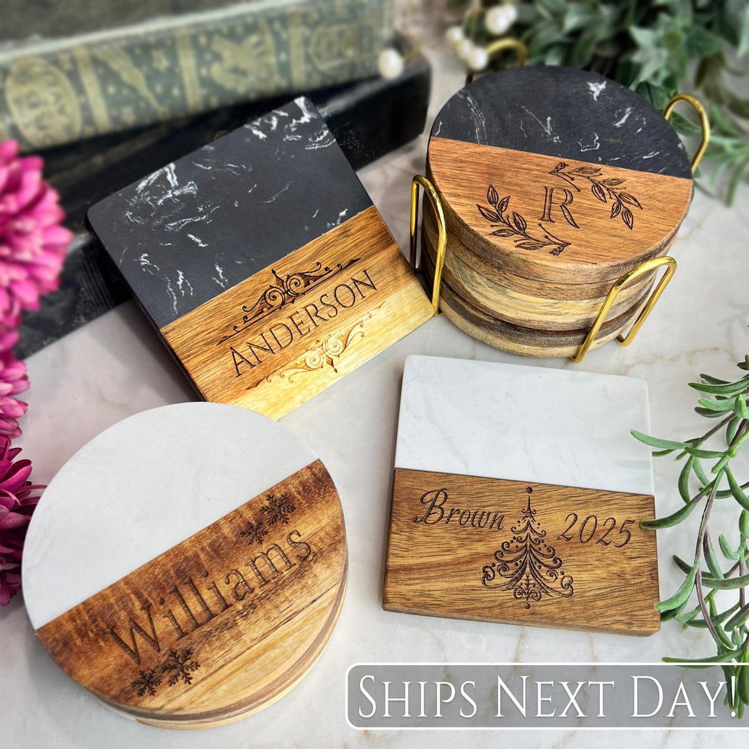 Personalized Engraved Marble & Wood Coasters – Custom Family Name or ...
