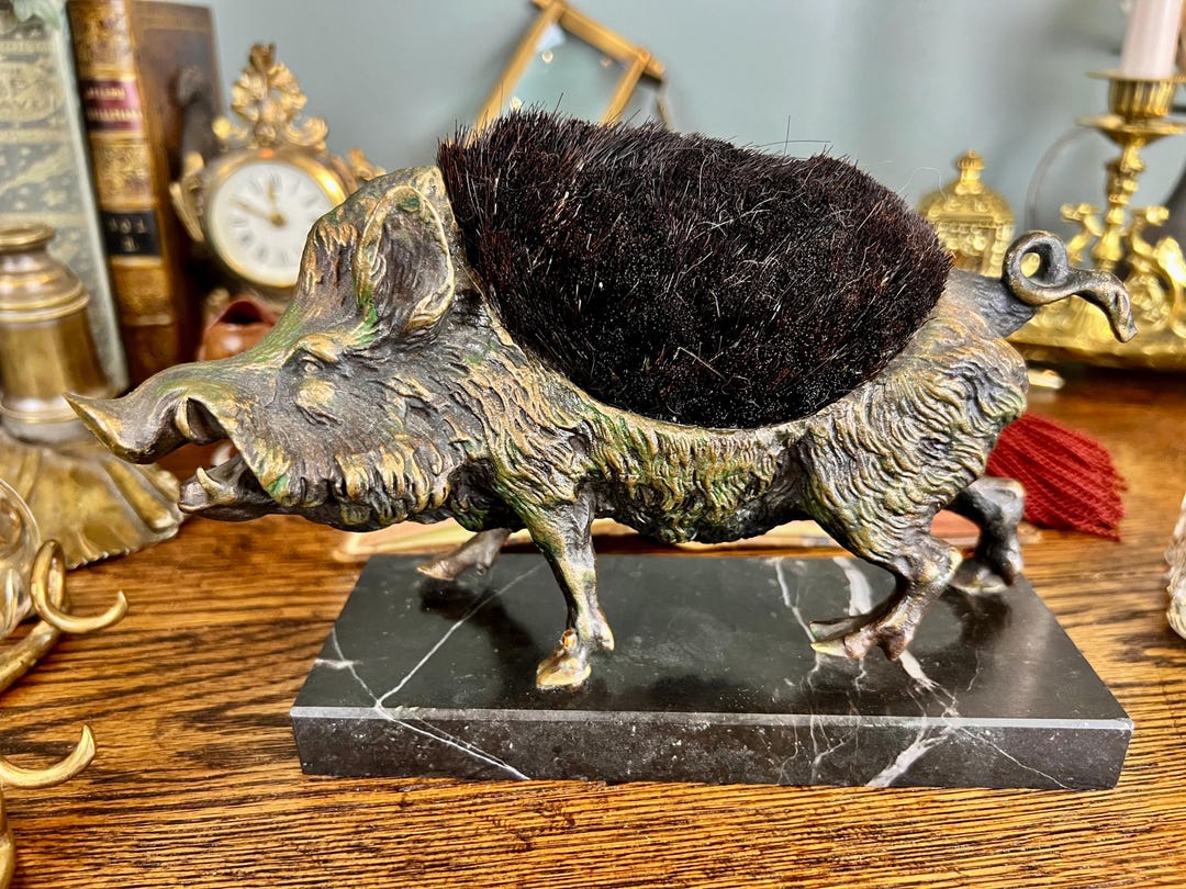 Antique Cold Bronze Boar Pen Wipe on Marble Base | Sculptural Desk ...