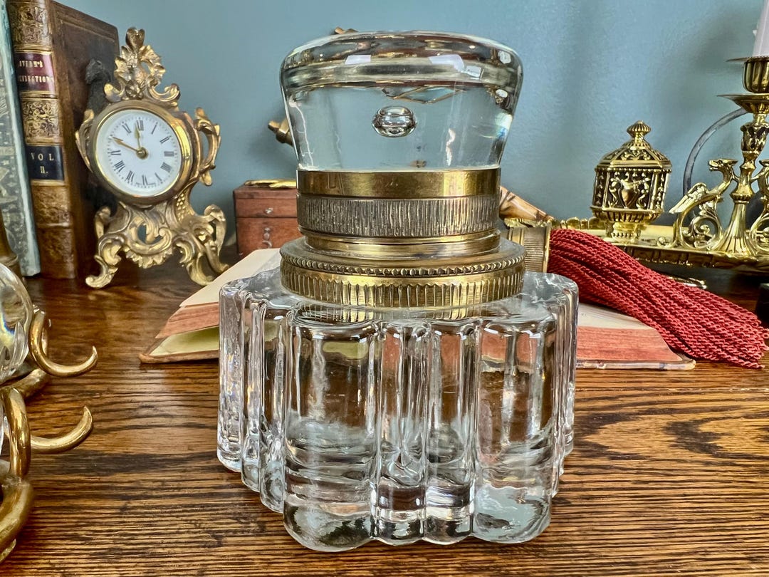 Antique Glass Inkwell With Brass Lid | Flip Top Writing Desk Inkwell ...