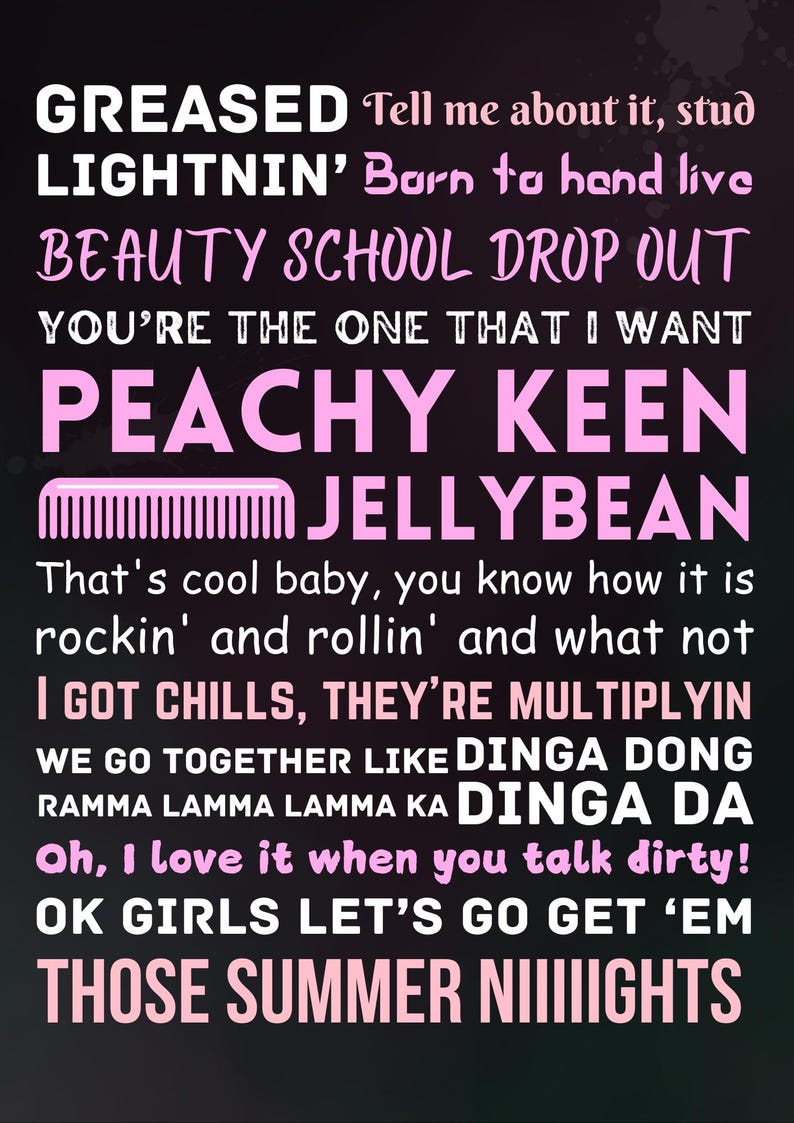Grease Musical Inspired Theatre Poster Print Art Quotes Typography West ...
