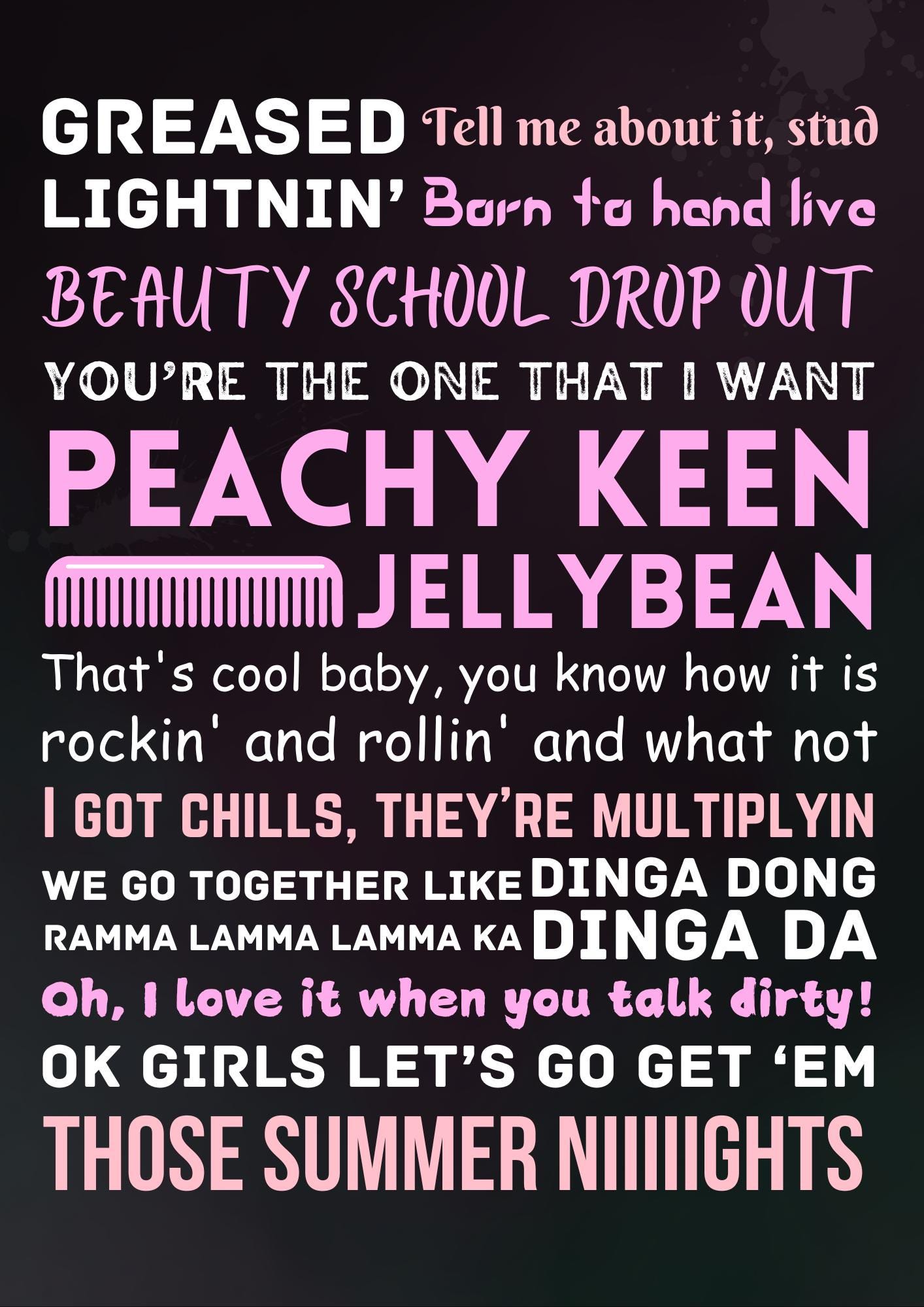 Grease Musical Inspired Theatre Poster Print Art Quotes Typography West ...