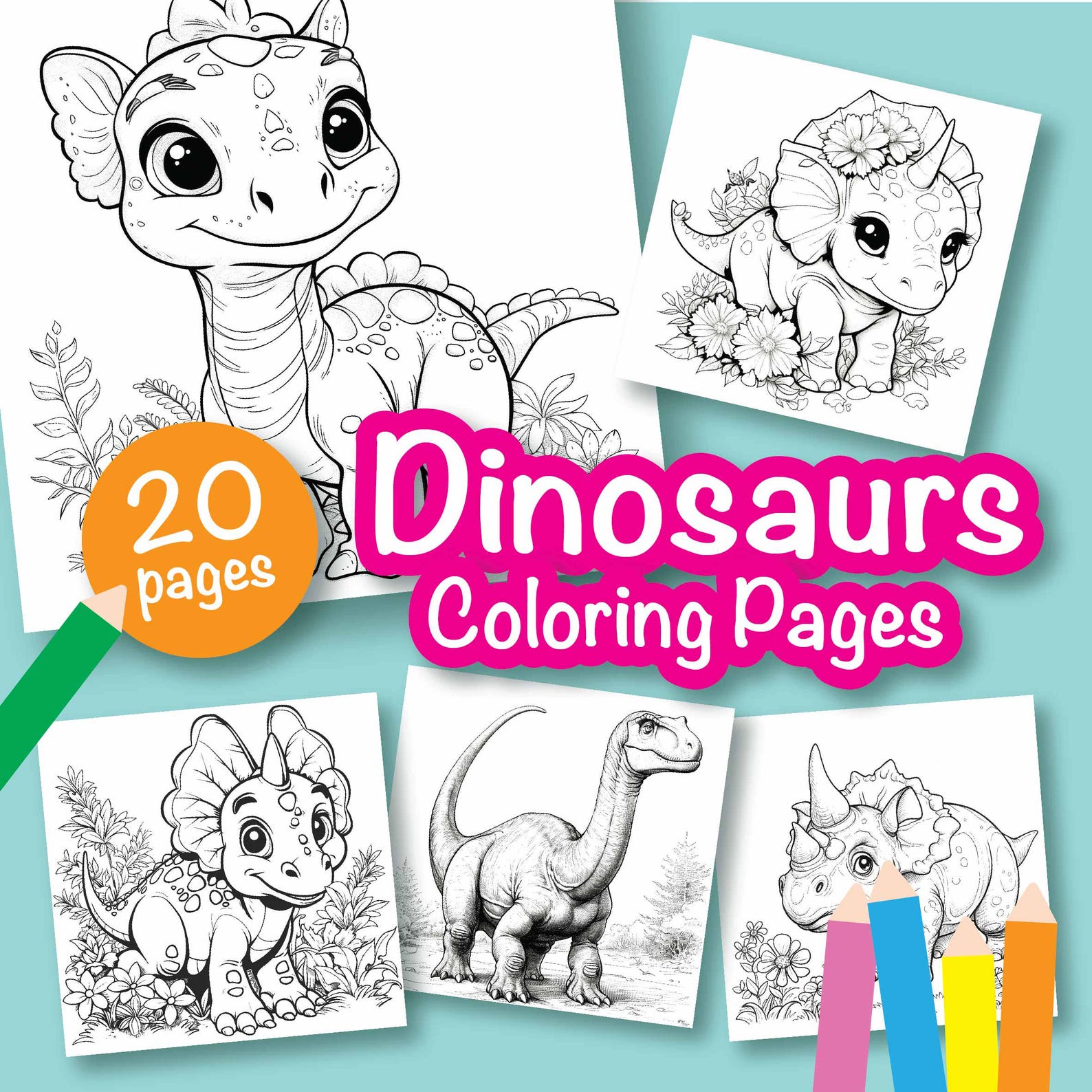 20 Easy Dinosaur Coloring Pages for Kids, Digital Files, Coloring Book ...