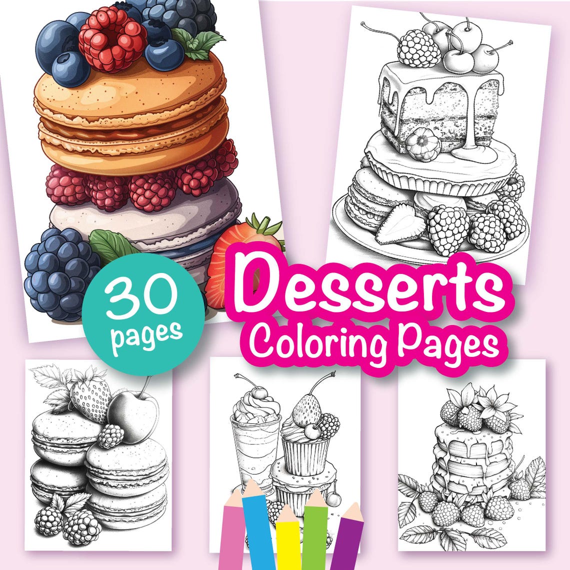 30 Desserts Coloring Pages - Adult and Kids Coloring Book, Greyscale ...