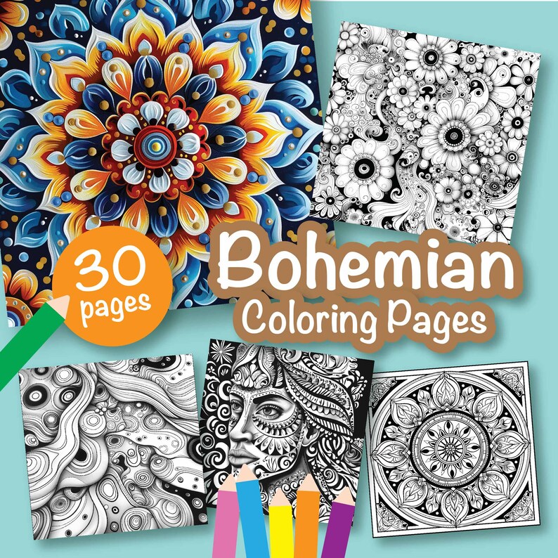 30 Bohemian Coloring Pages - Adults and Kids Coloring Book, Digital ...