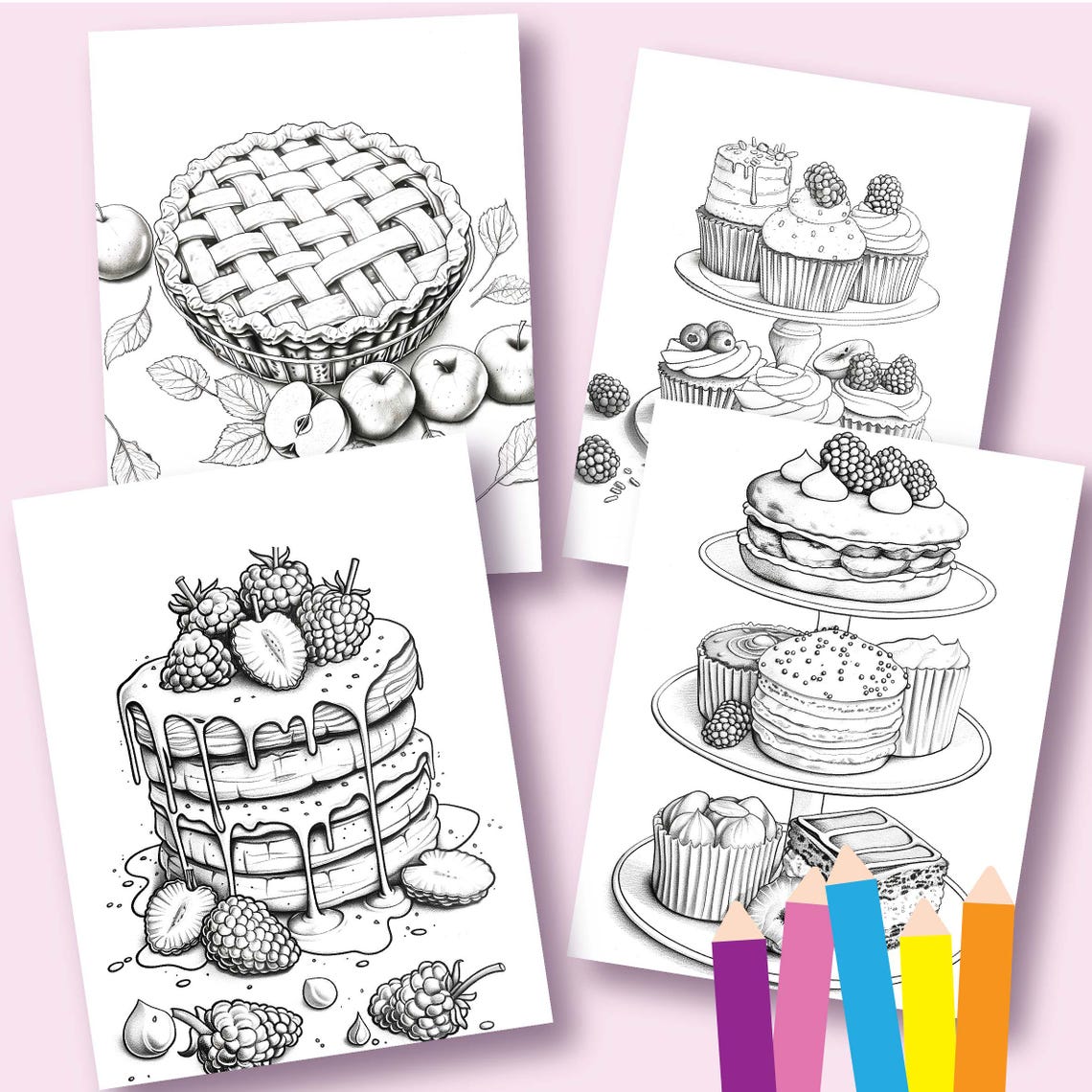 30 Desserts Coloring Pages - Adult and Kids Coloring Book, Greyscale ...