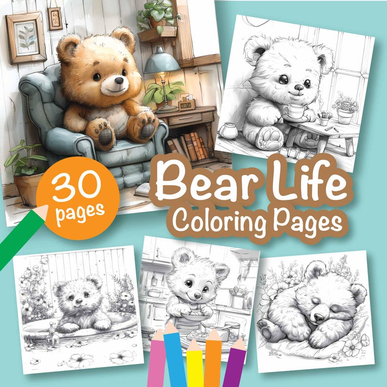 30 Bear Coloring Pages - Adult and Kids Coloring Book, Greyscale ...