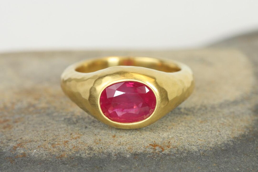 Ruby 22K Gypsy Signet Ring – 1.92ct Oval Faceted Ruby, Solid Yellow ...