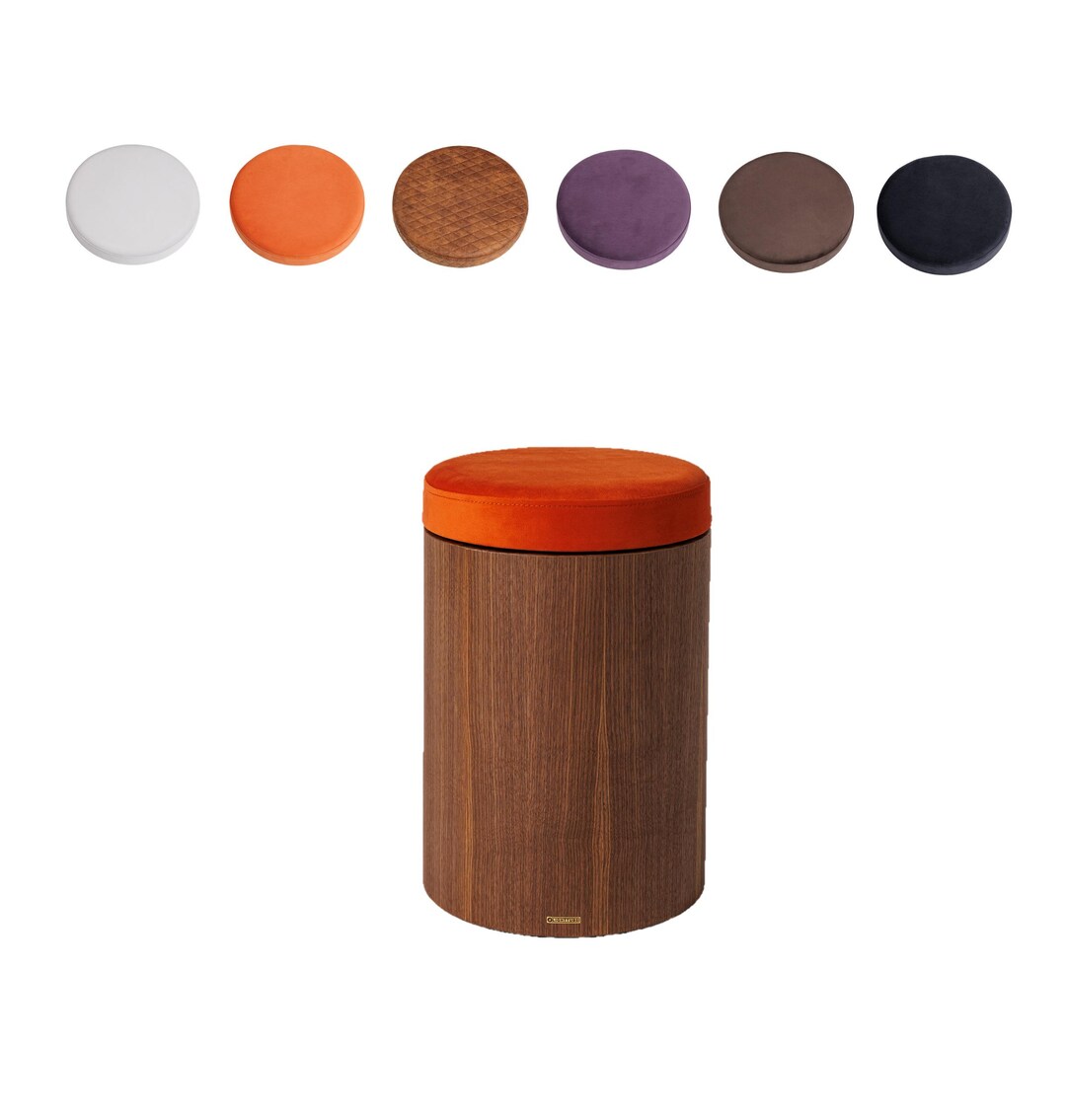 Walnut Cylindrical Wood Veneer Bench: Minimalist Entryway Pouf With ...