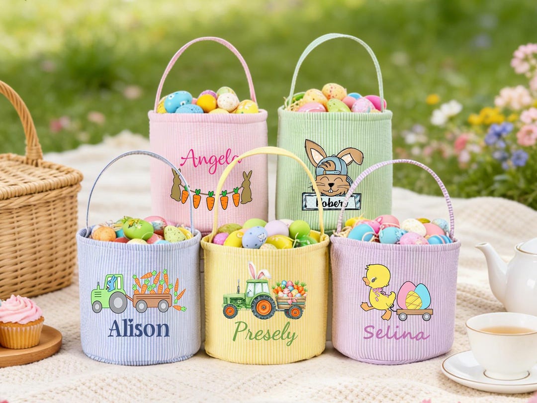 Personalized Seersucker Easter Basket With Name,custom Bunny Rabbit ...