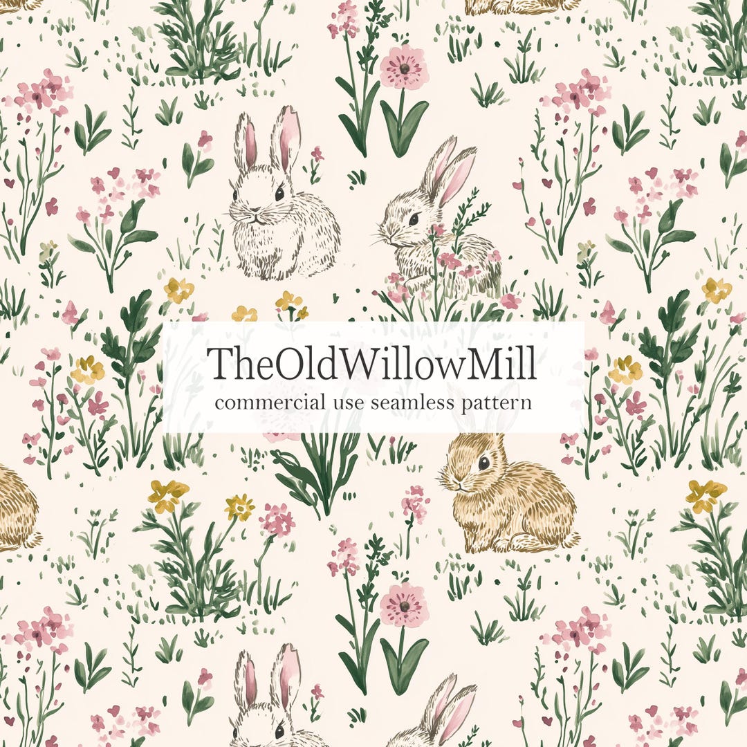 Cottagecore Bunny Seamless Pattern, Cute Spring Bunny Digital Pattern ...