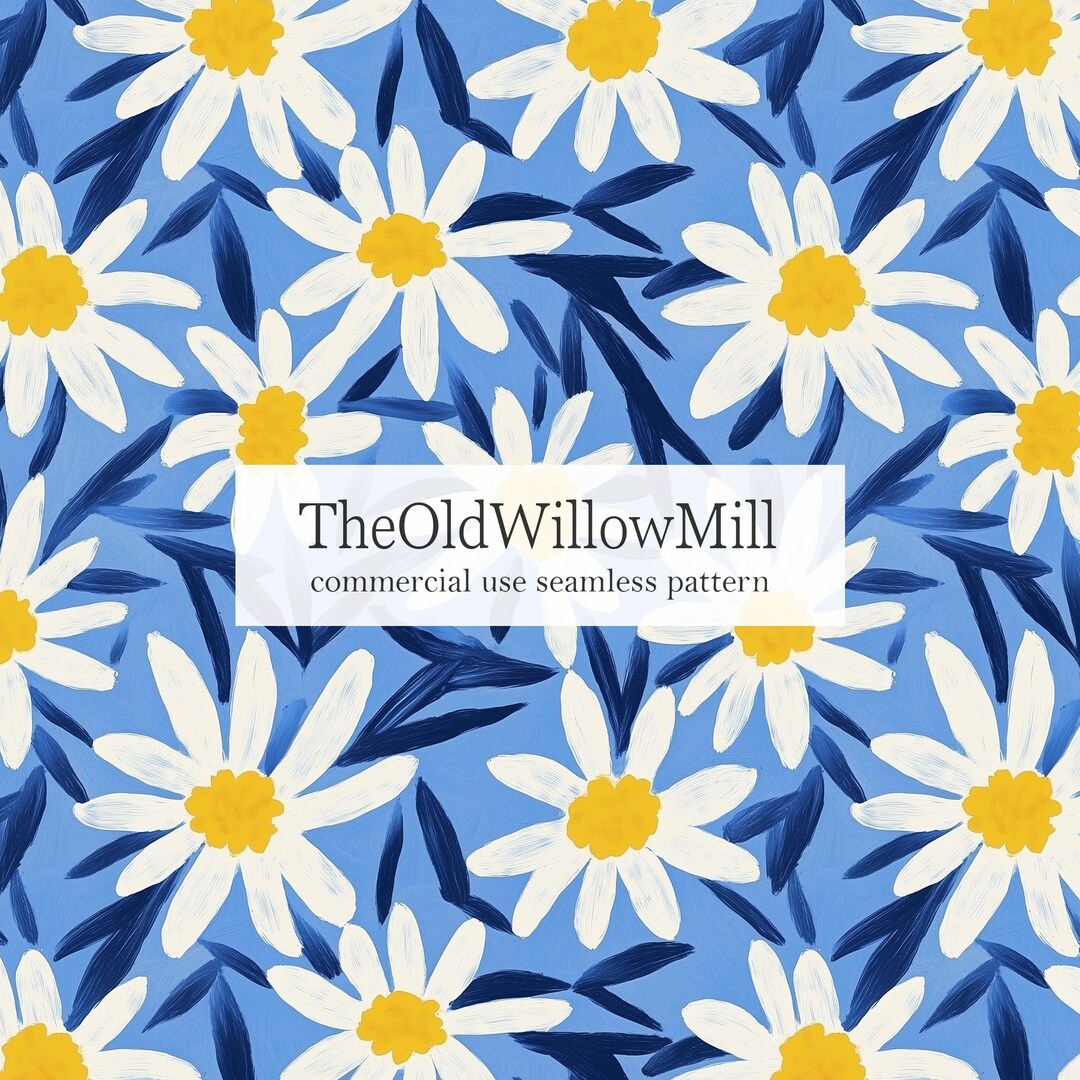 Blue Seamless Daisy Pattern, Preppy Summer Flowers, Blue Daisy Digital ...