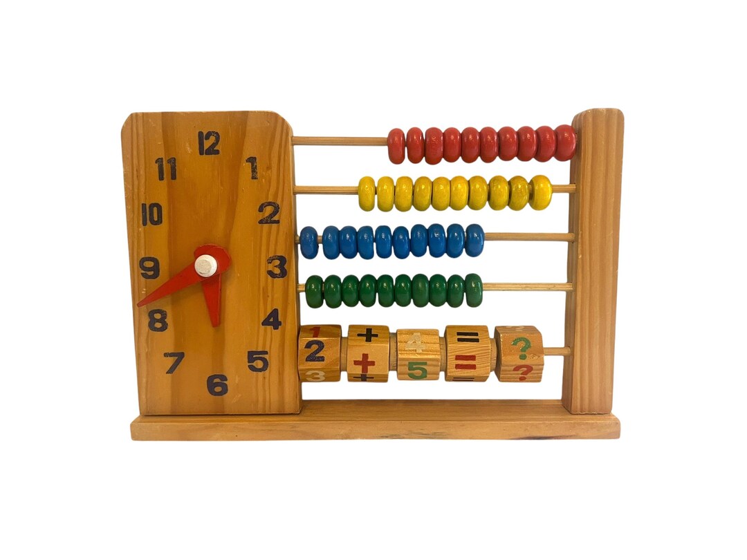 Vintage Wooden Abacus~ Clock, Addition Toy~ Rainbow Beads, Schoolhouse ...