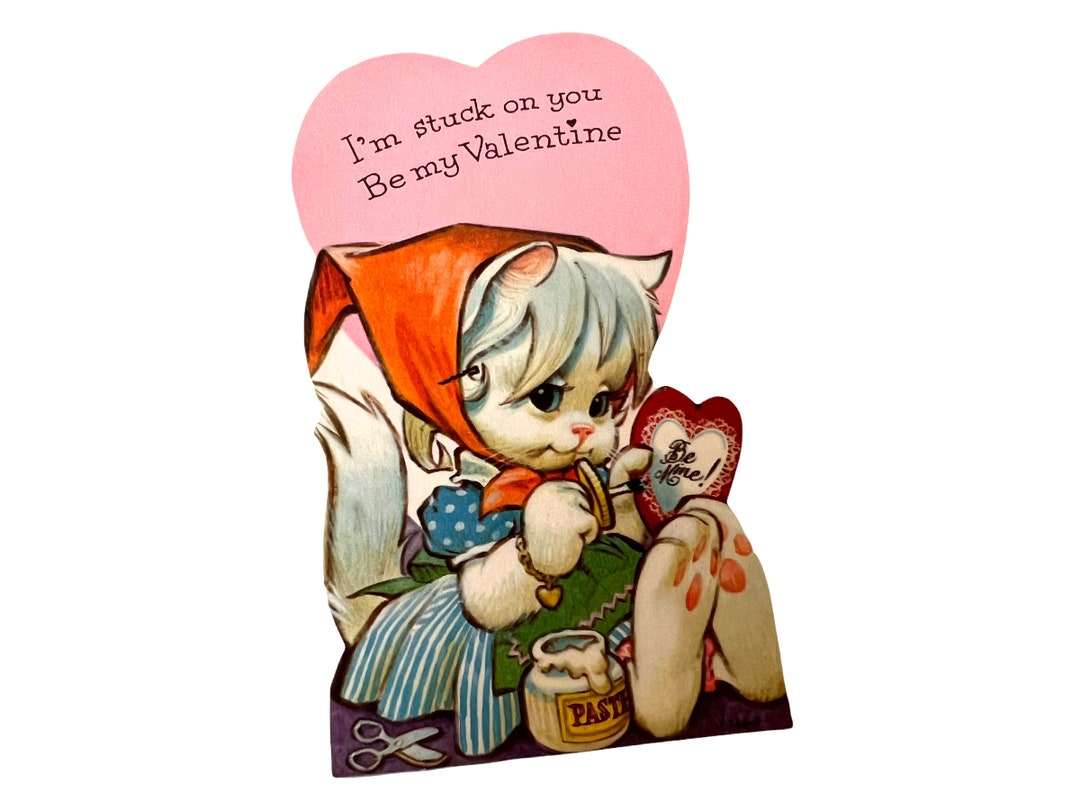 Vintage Cat Valentines Day Card "i'm Stuck on You" Sweet 1960's ...