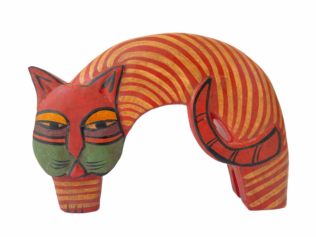 Vintage Laurel Burch Cat Sculpture Rainbow Shaped Cat Hand Painted Red ...