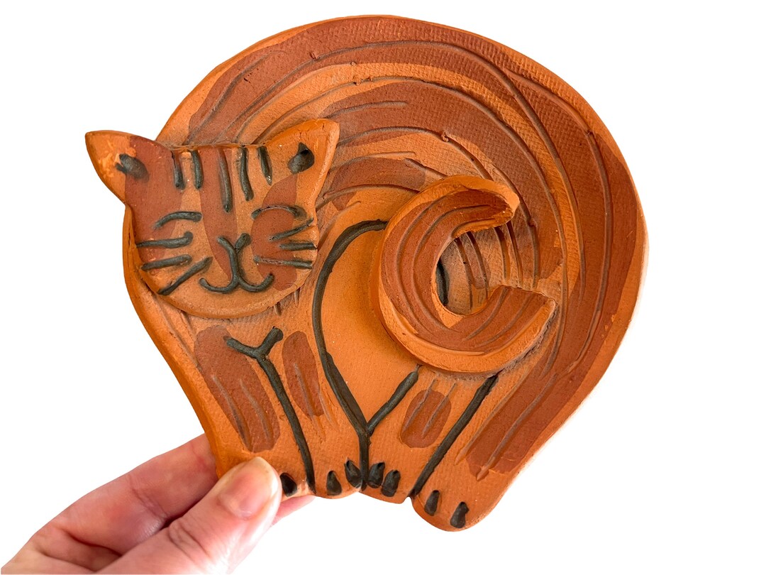 Vintage Art Pottery Cat Dish ~ Terra Cotta Kitty Shallow Bowl, Catch ...