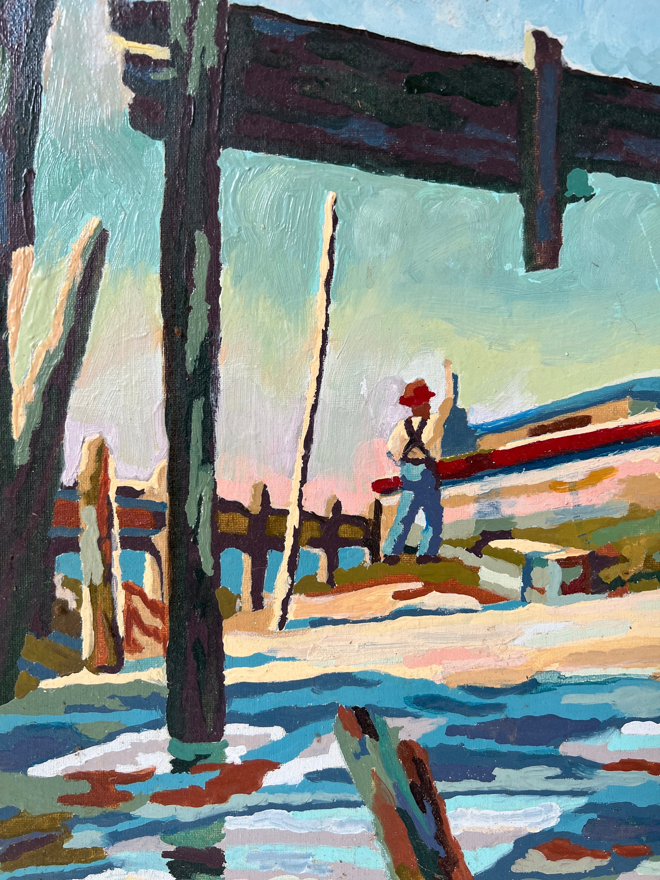 Mid Century Seascape Boat Painting~ Ships in the ramshackle harbor ...