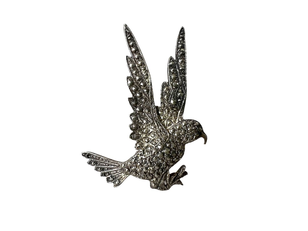 Vintage Marcasite Striking Hawk Pin ~ Silver Rhinestone Bird Brooch ...
