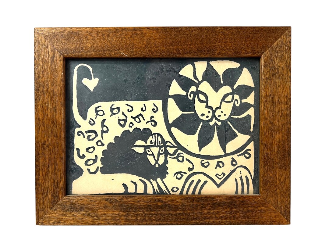 Vintage Lion & the Lamb Block Print Sweet Original Folk Art Framed ...