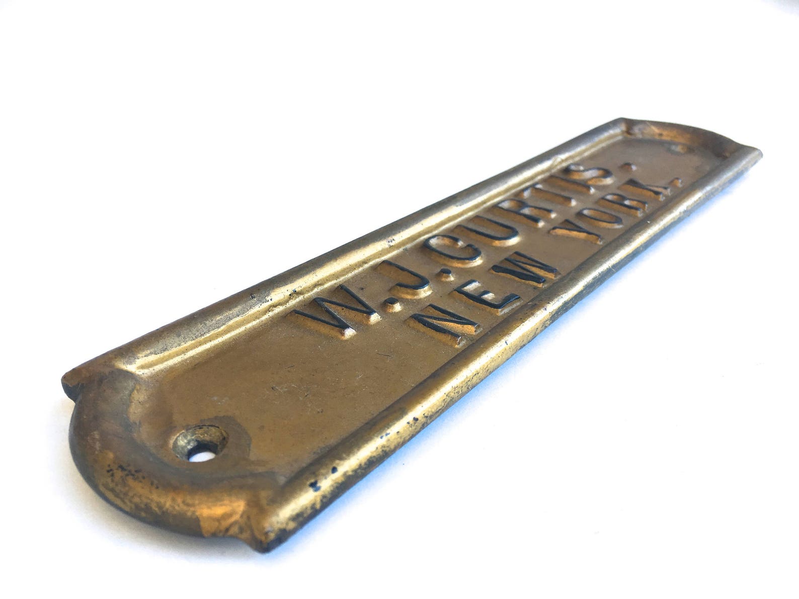Antique Brass Typography Sign ~late 1800s~ "w.j Curtis NEW York" ~nice ...