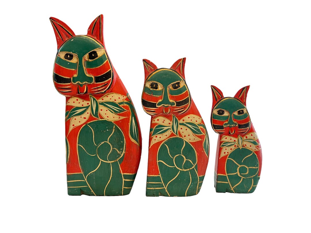 Vintage Laurel Burch Cat Sculptures~ Floral Cats~ Hand Painted Wooden ...