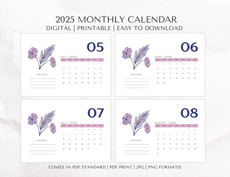 Pink Floral 2025 Year Printable Calendar, Floral Calendar, Minimalistic ...