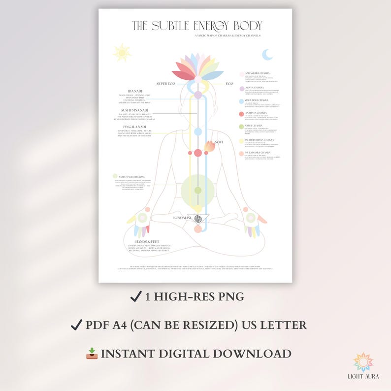 The Subtle Energy Body Poster – Chakra and Nadi Map | Yoga & Reiki ...