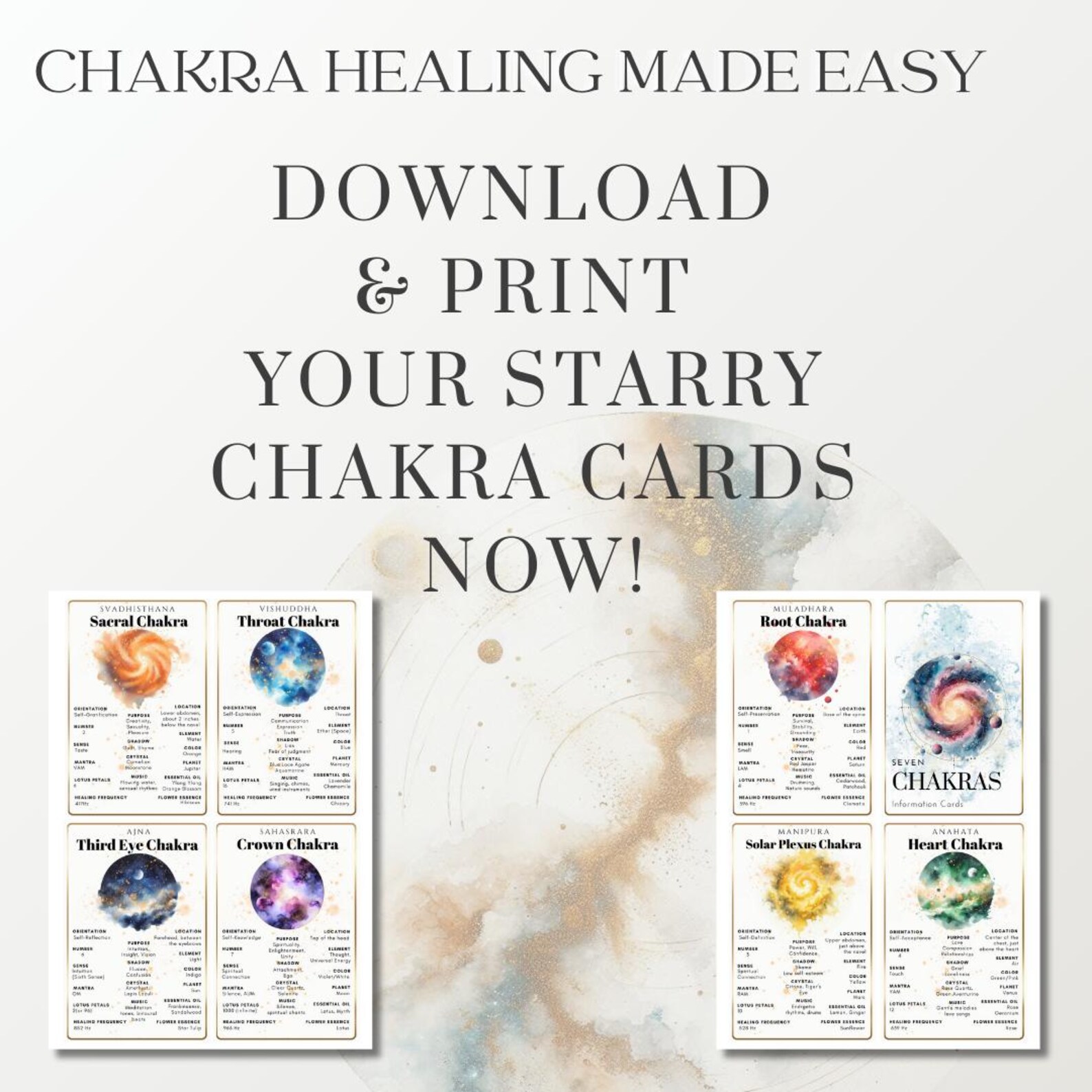 Starthemed Chakra Cards 8 Chakra Cards Printable Healing Information ...