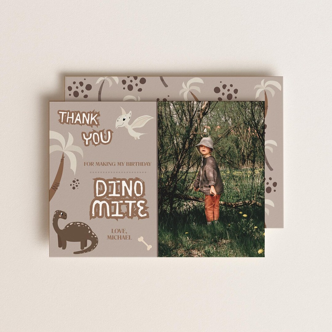 Editable Dinosaur Thank You Card | Photo Birthday Thank You | Canva ...