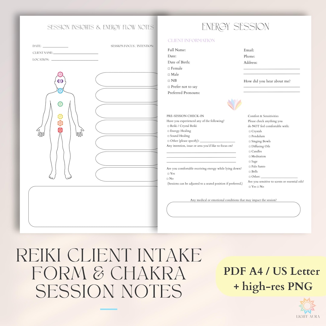 Reiki Client Intake Form & Chakra Session Notes – Printable PDF ...