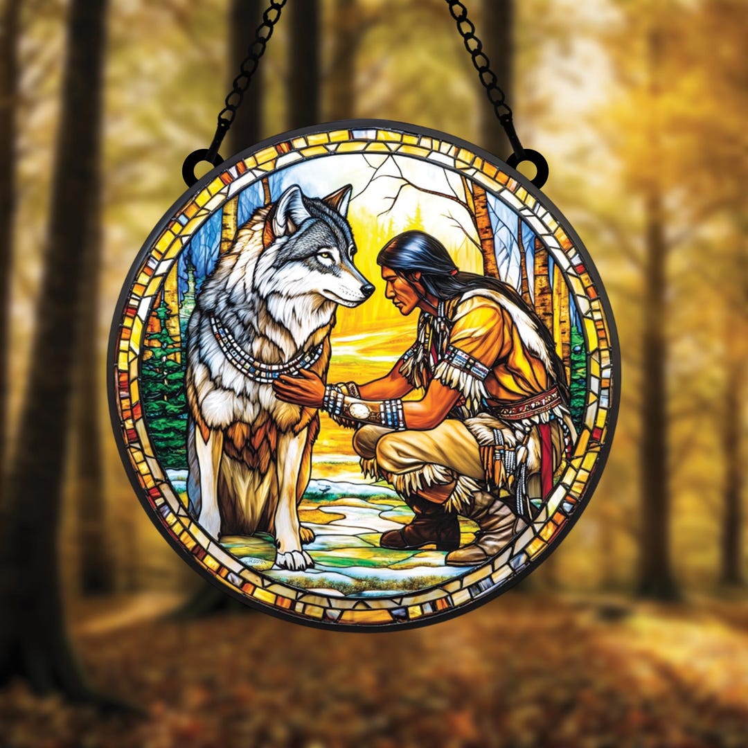 Wolf and Warrior Suncatcher in Autumn Forest, Spirit Animal Acrylic ...