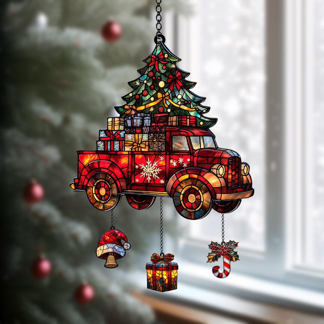 ACRYLIC Vintage Red Truck Christmas Tree Suncatcher Ornament With Gifts ...
