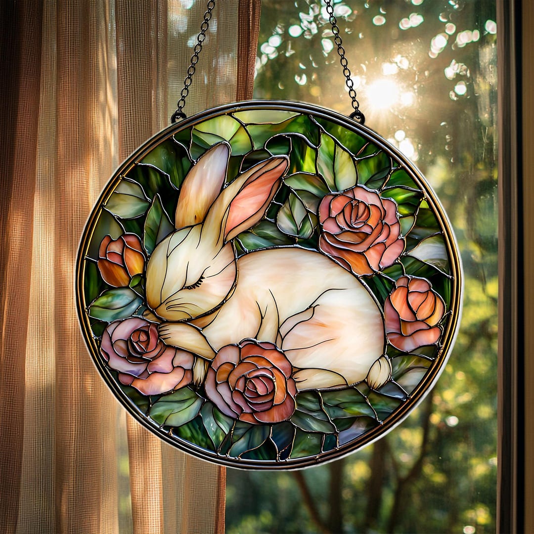 Stained Glass Sleeping Bunny Suncatcher, Handmade Rabbit Window Hanging ...