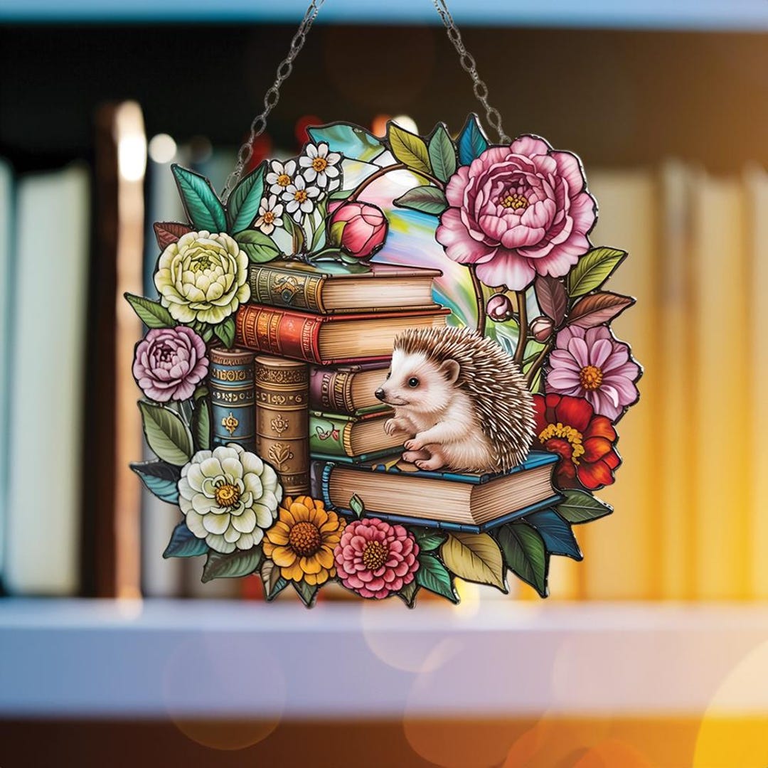 Cute Hedgehog on Books Suncatcher, Acrylic Hanging Panel With ...
