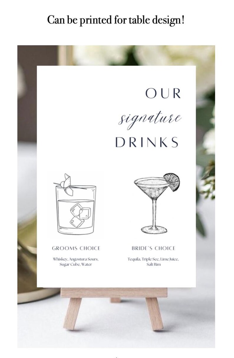 Neutral Signature Bar Menu Digital Template, Bride & Groom, Minimalist ...