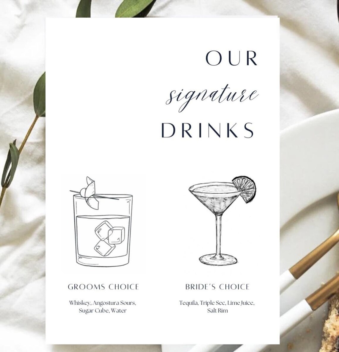 Neutral Signature Bar Menu Digital Template, Bride & Groom, Minimalist ...