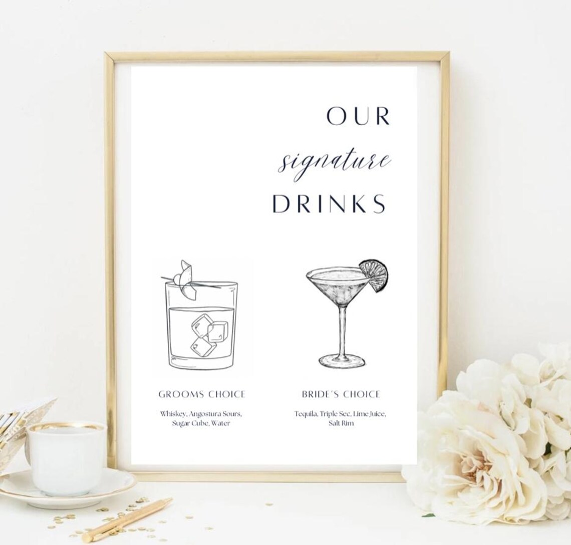 Neutral Signature Bar Menu Digital Template, Bride & Groom, Minimalist ...