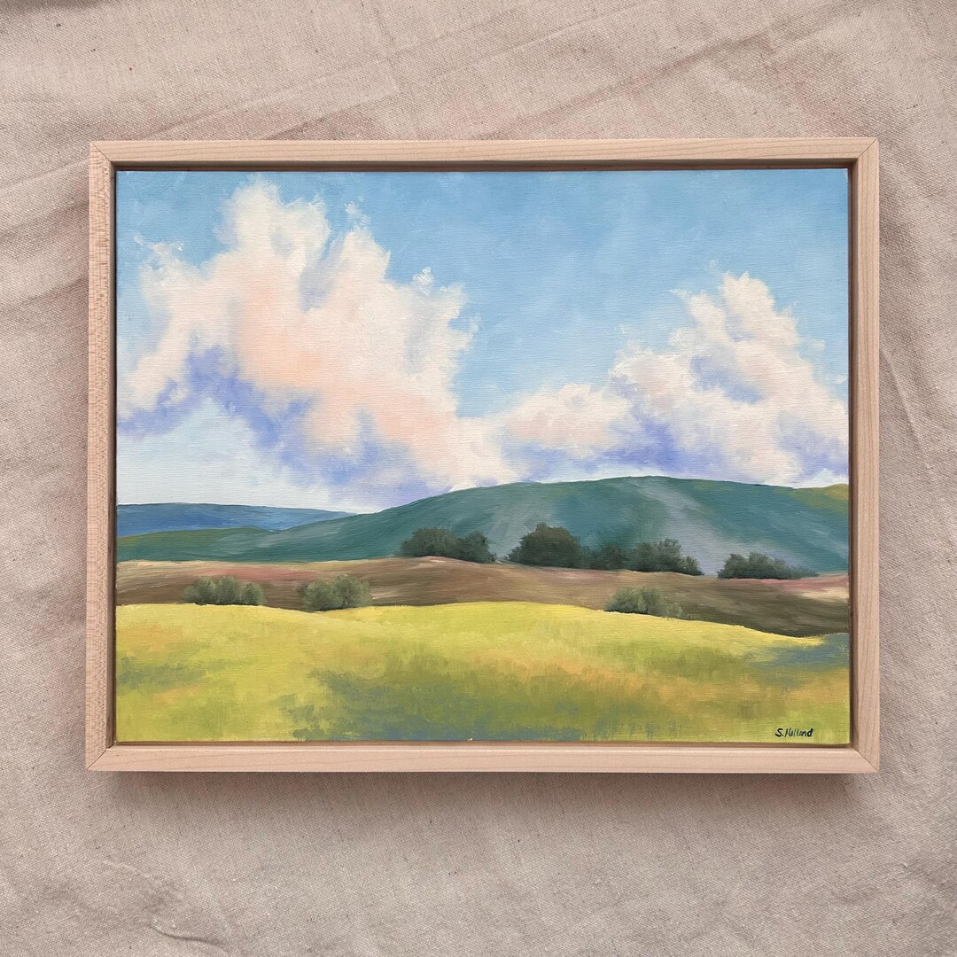 Original Oil Painting - Bright Rolling Hills With Peachy Purple Clouds ...