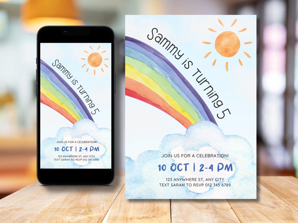 Rainbow Sky Birthday Invitation for Kids Parties | Customizable ...