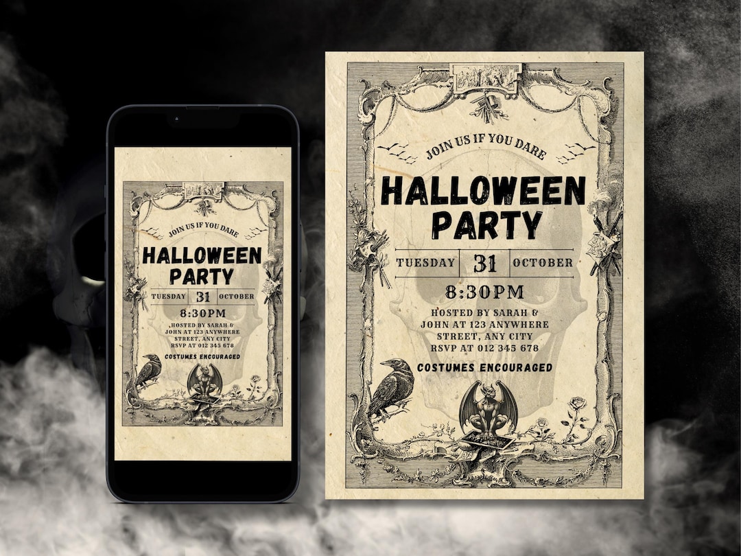 Vintage Halloween Party Invitation | Printable Gothic Skull Design ...