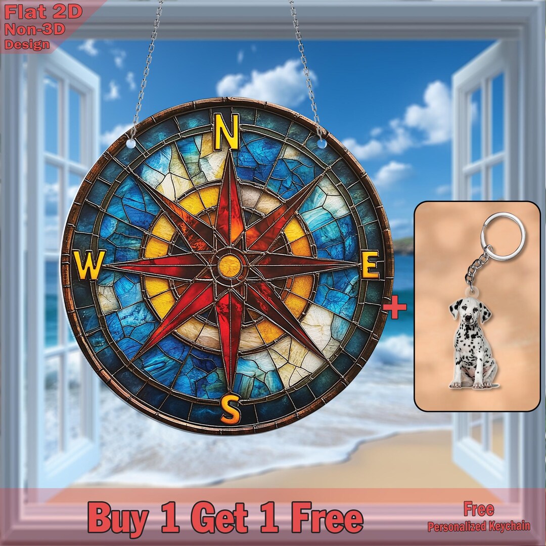 Compass Rose Acrylic 2D Flat Window Hanging, Adventure Art, Vintage ...