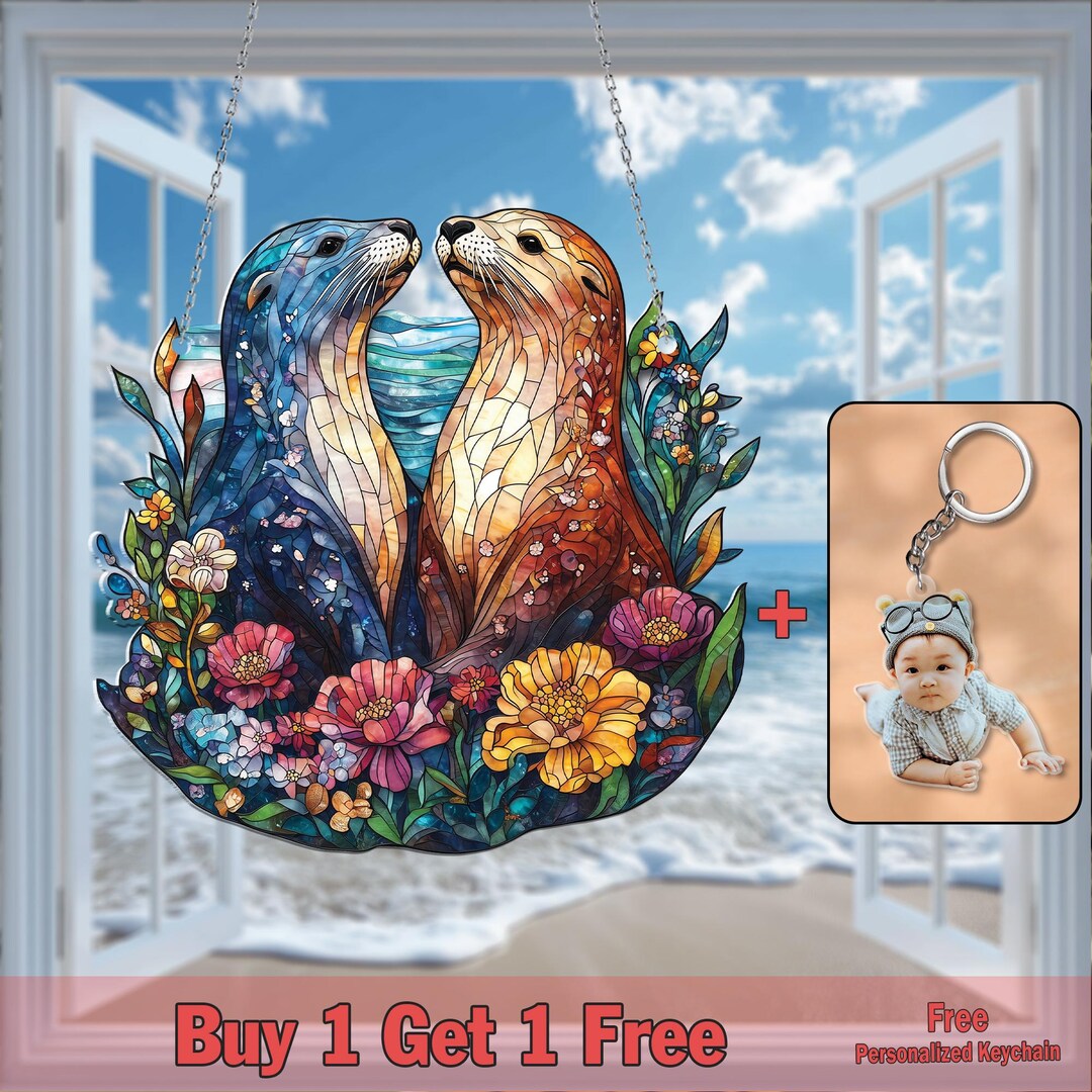 Otters Acrylic 2D Flat Suncatcher, Nature Window Hanging, Romantic ...