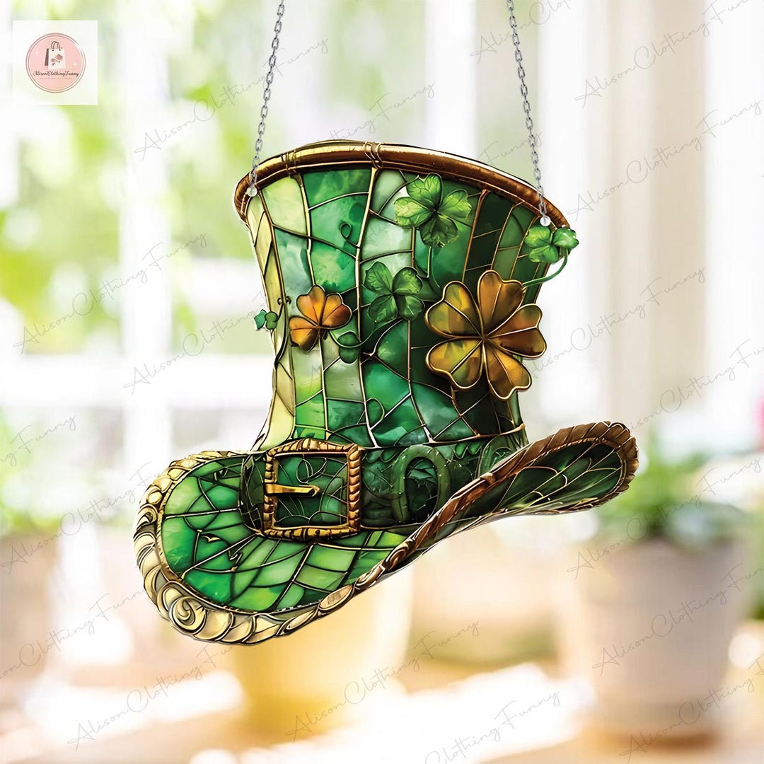 Shamrock Hat ACRYLIC Flat 2D Window Hanging, St Patrick's Day Plant ...