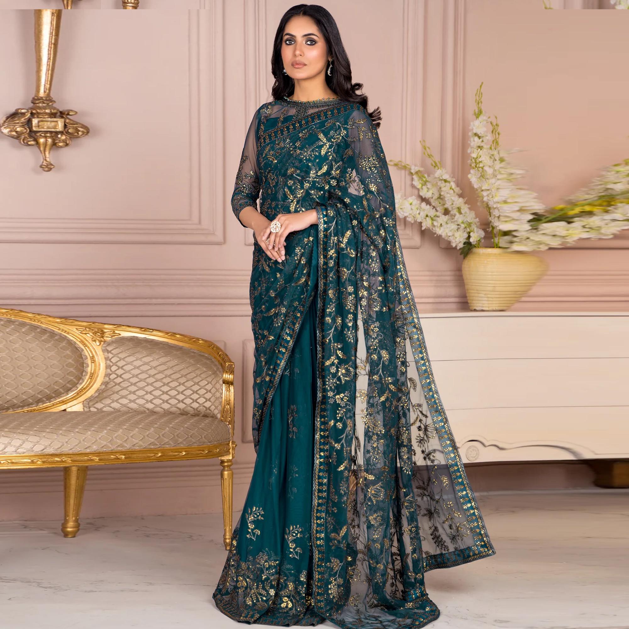 Indian Wedding Saree Dress Hand Embellished Sari Suit Dark Green Saree ...