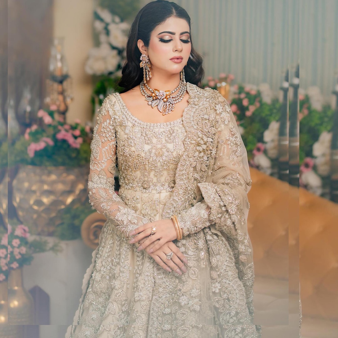 Ivory Arabic Bridal Lehenga Dress Muslim Indian Pakistani Embellished ...